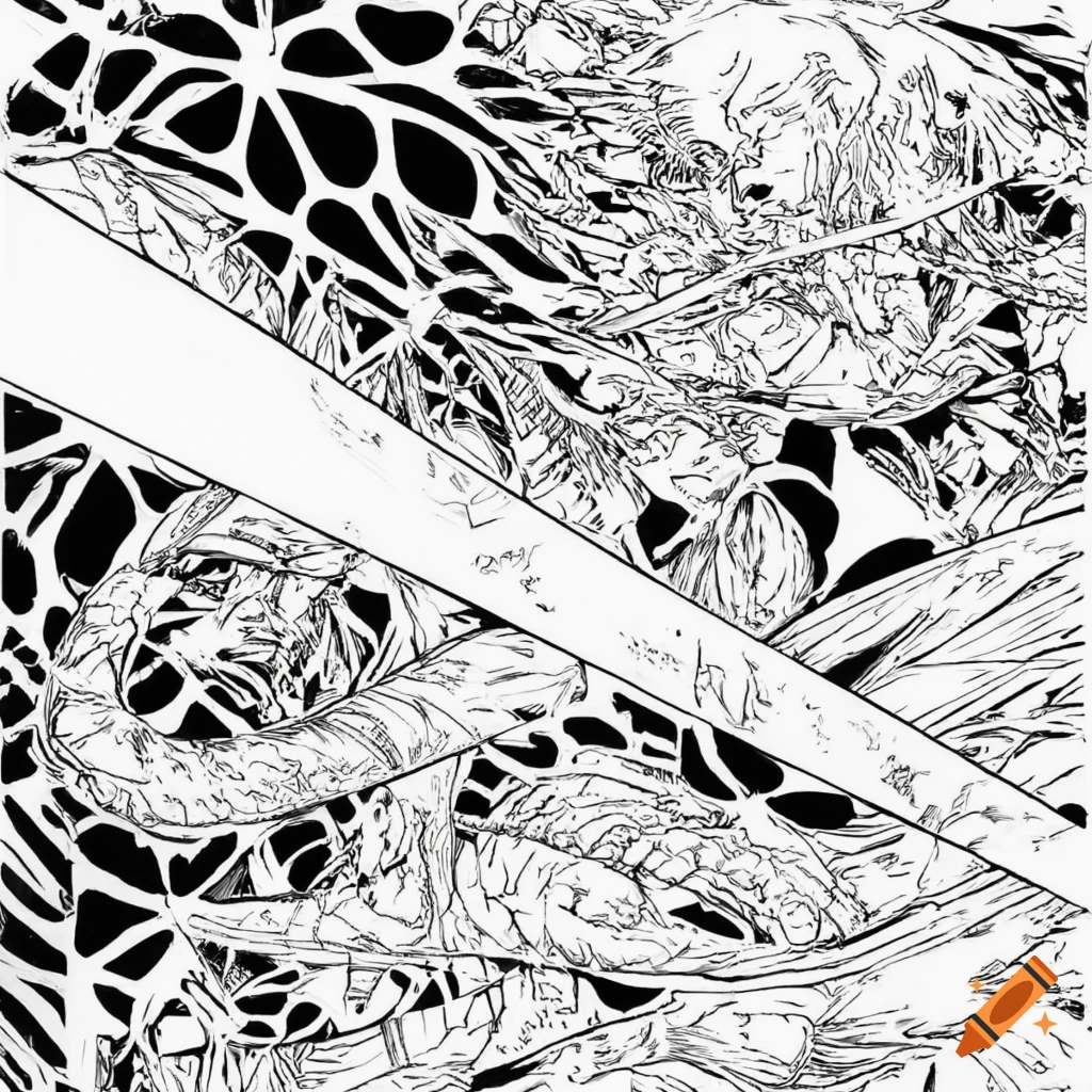 Black and white highly detailed manga panel with sharp outlines on Craiyon
