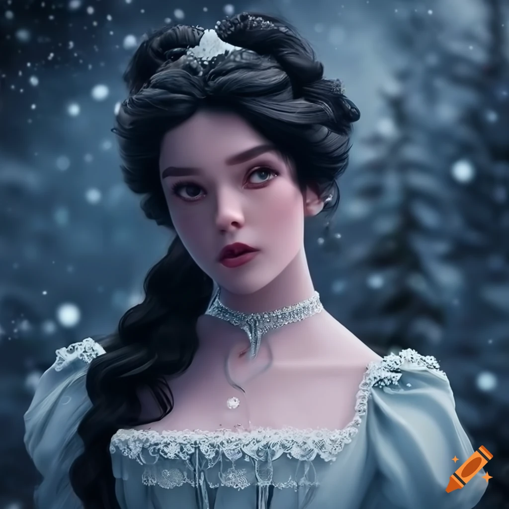 Princess in victorian ball dress with black hair in a snowy setting on Craiyon