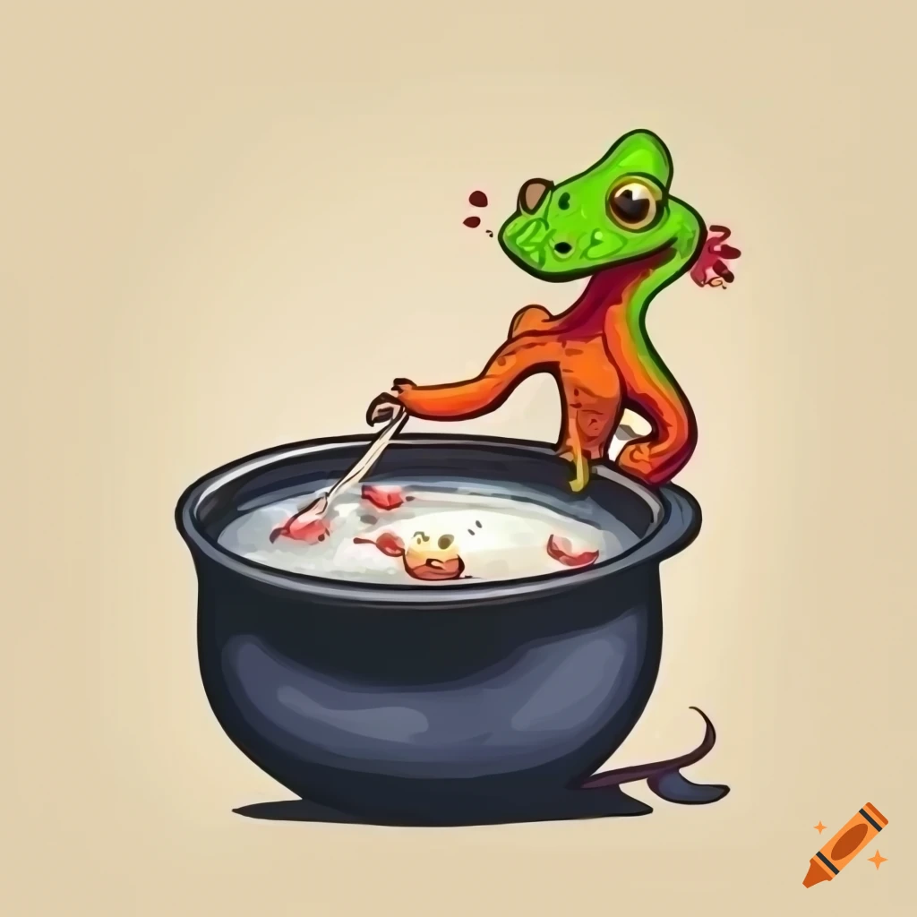 Gecko lizard chef stirring soup in a pot in an ink cartoon on Craiyon