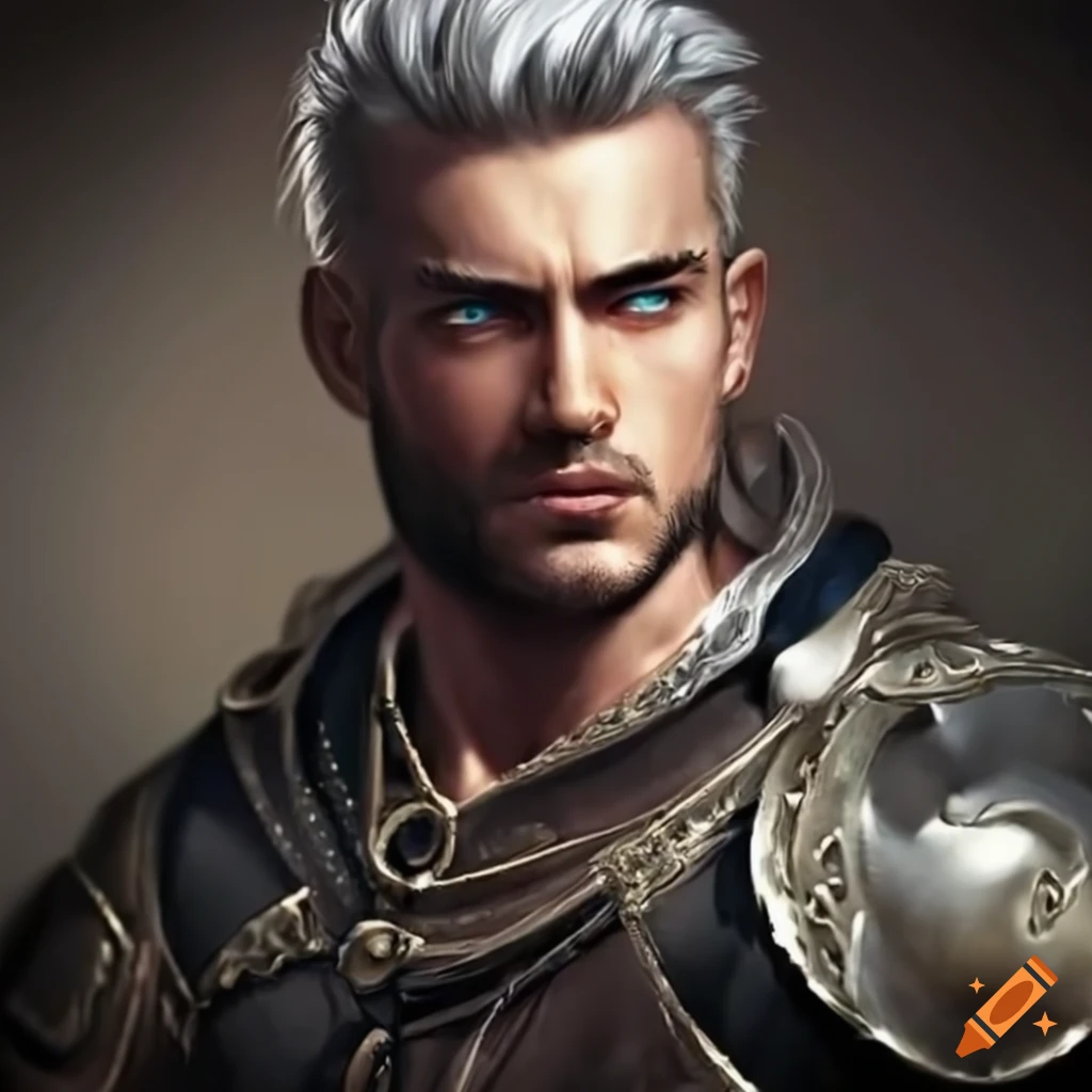 Portrait of a strong, handsome prince with silver hair and brown eyes ...