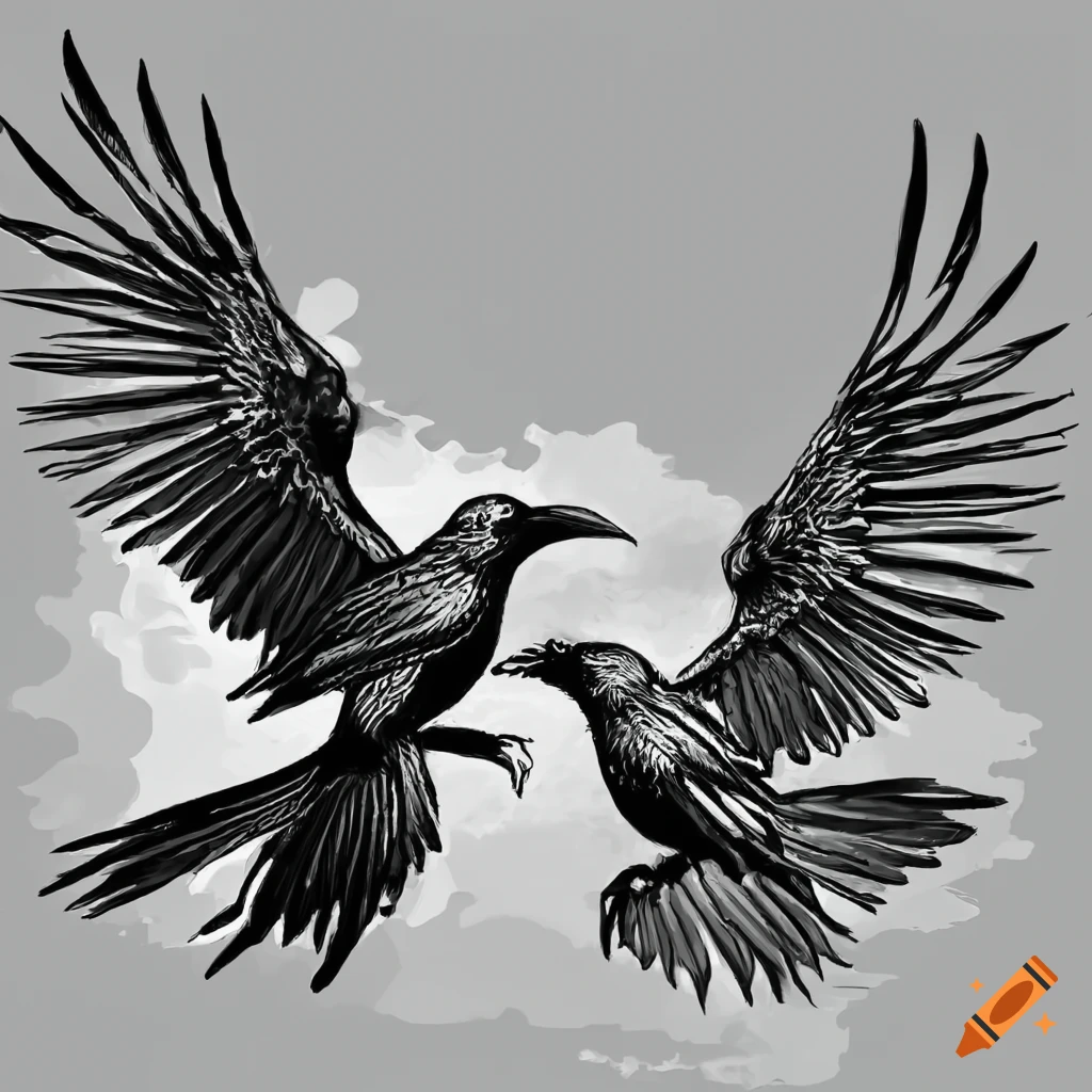 Two majestic crows battling in the big skies on Craiyon