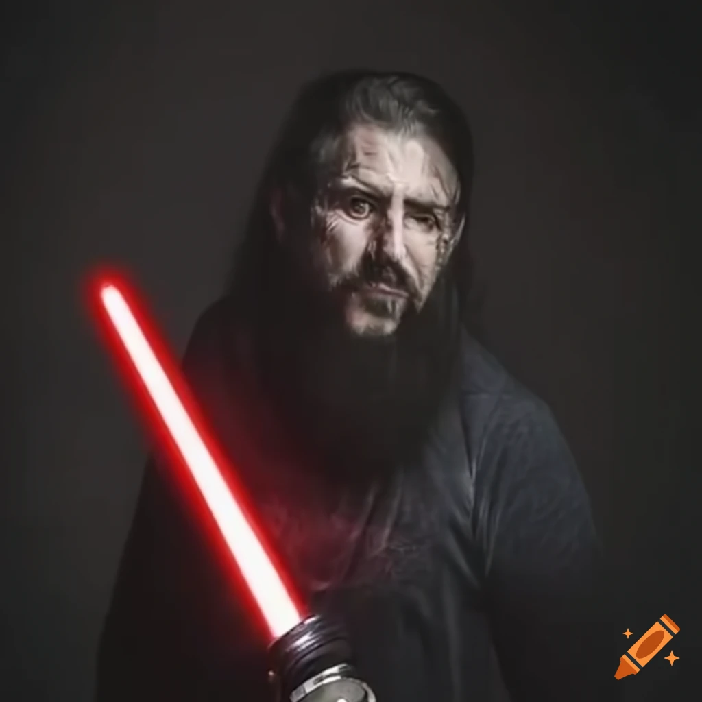 Mike portnoy in jedi knight lightsaber fighting stance on Craiyon