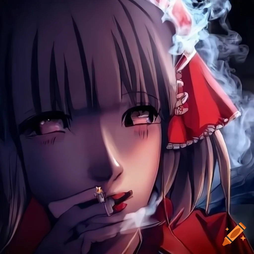 Reimu harukei enjoying a smoke break outside on Craiyon