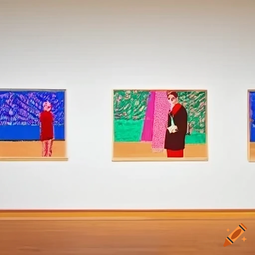 Gallery wall showcasing david hockney's famous paintings on Craiyon