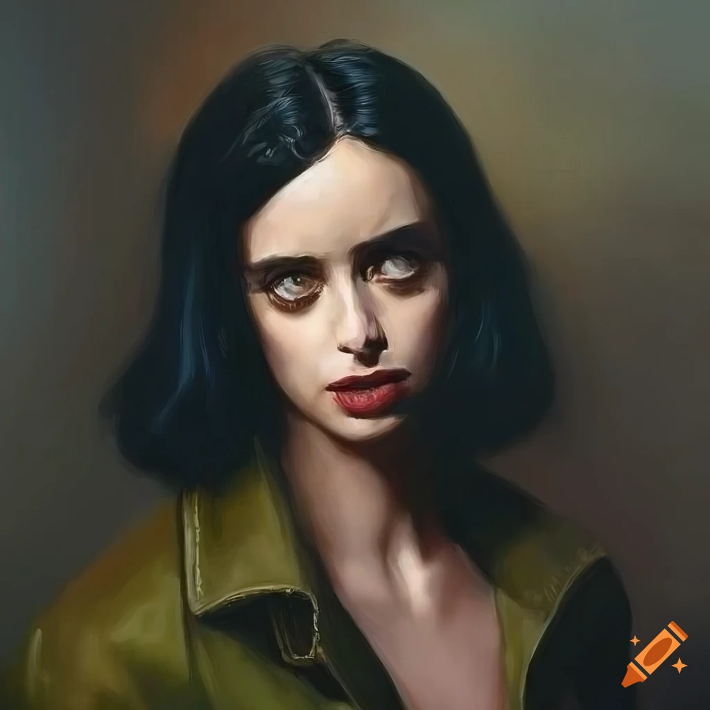 Moody oil painting of Krysten Ritter in a vintage style portrait on Craiyon