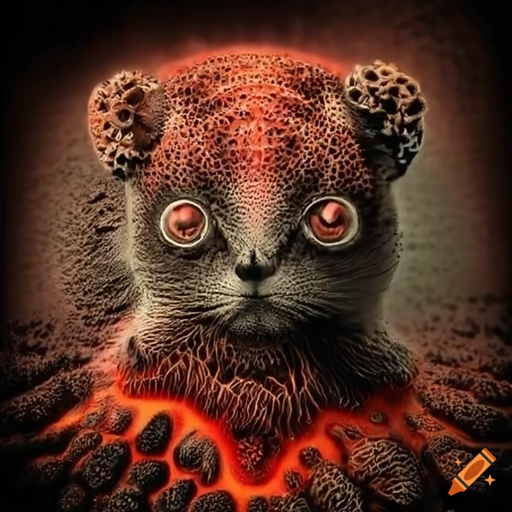 Cute animals in a Haeckel cooled lava earthscape on Craiyon