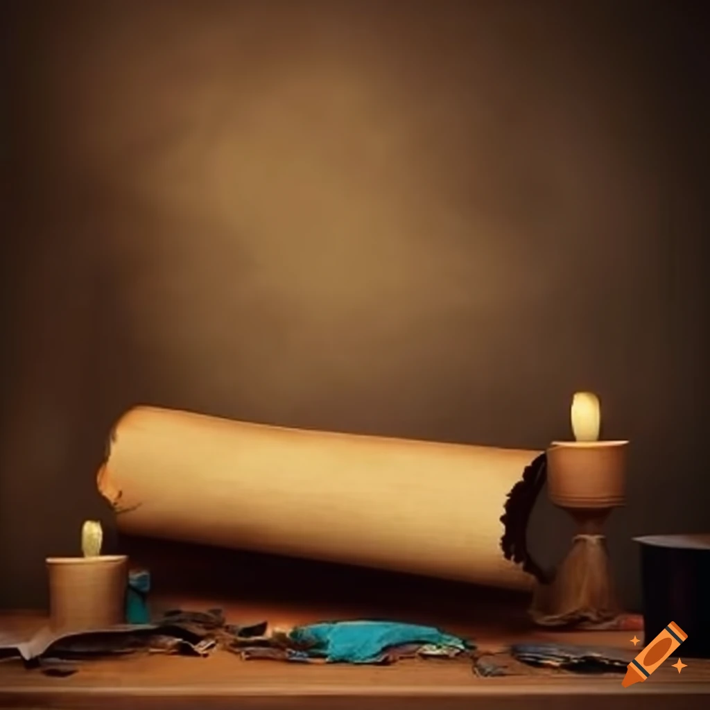 Old tattered scroll on a cluttered ancient desk on Craiyon