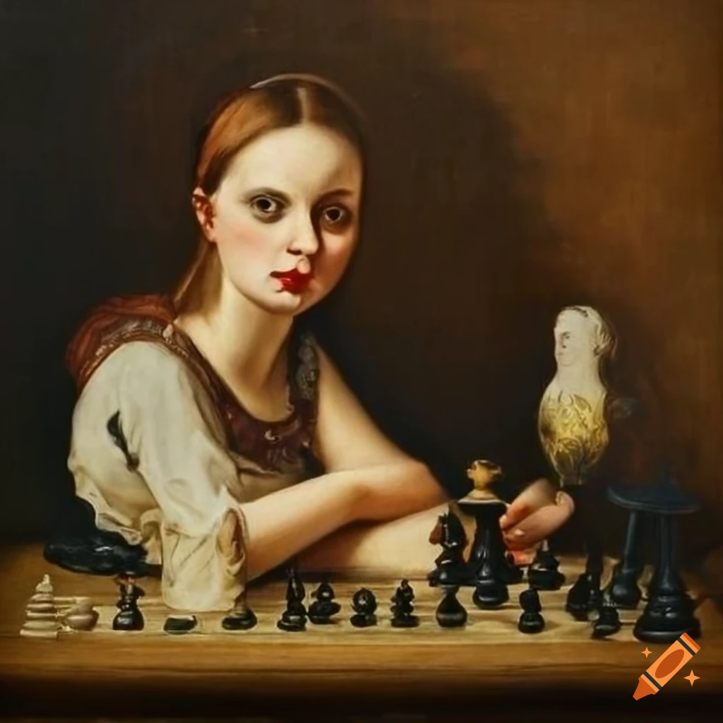 Two women playing chess in gothic Flemish style painting on Craiyon