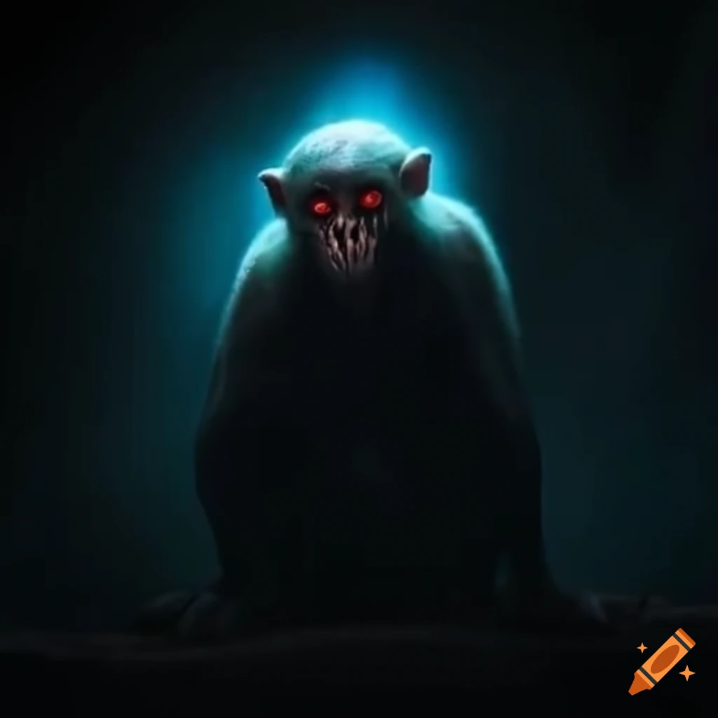 Dark creepy monkey with glowing white eyes on Craiyon