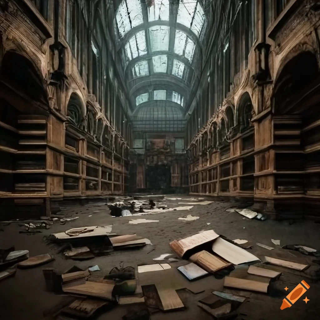 Wide angle view of an abandoned post-apocalyptic library with broken ...