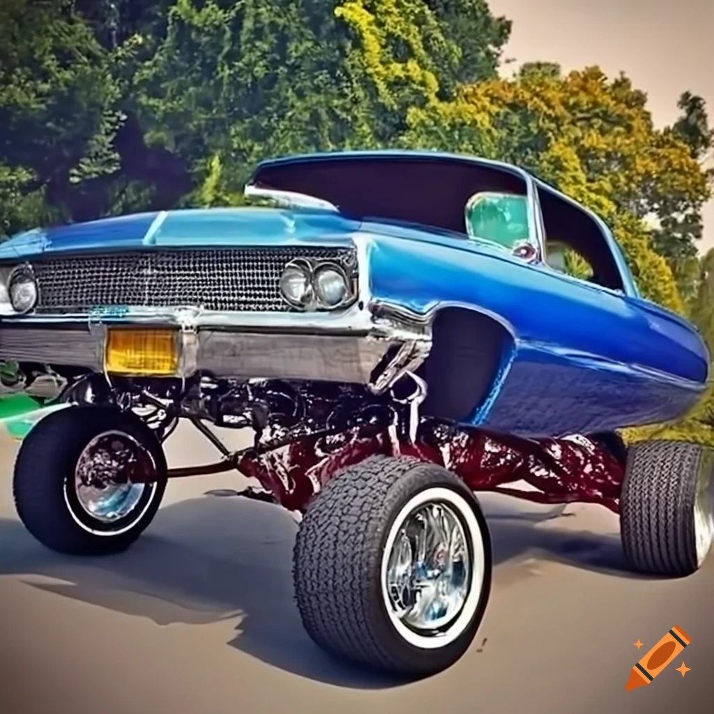 Custom lowrider car with lifted front supported by hydraulics on Craiyon
