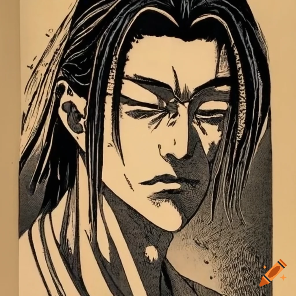Woodcut linoprint of sasaki kojiro manga by takehiko inoue on Craiyon