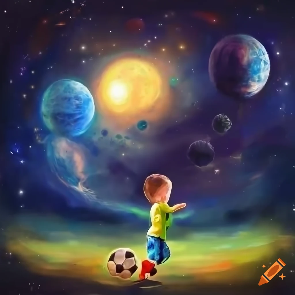 Children playing football in an alien landscape with mystical planets ...