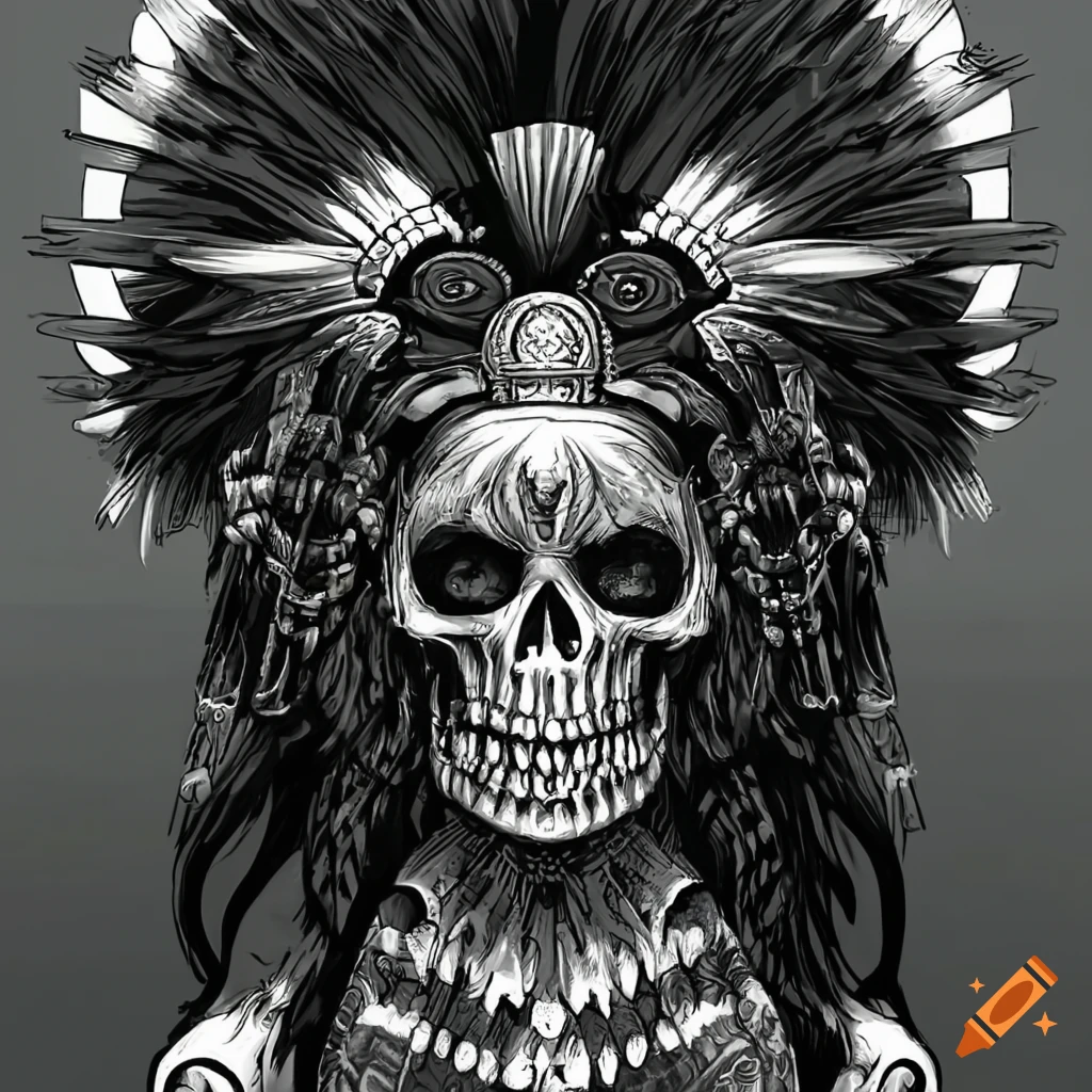 Black and white portrait of an aztec skull warrior with long horns on ...