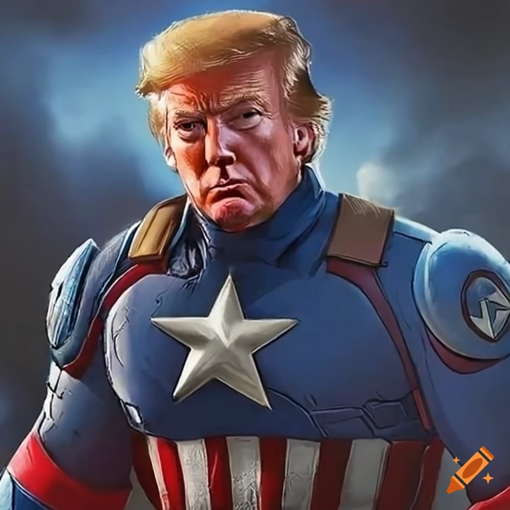 Satirical depiction of Donald Trump as Captain America on Craiyon