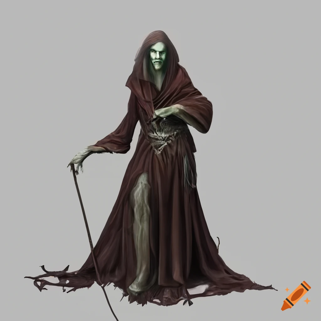 Dark fantasy witch hag in robe facing right on white background on Craiyon