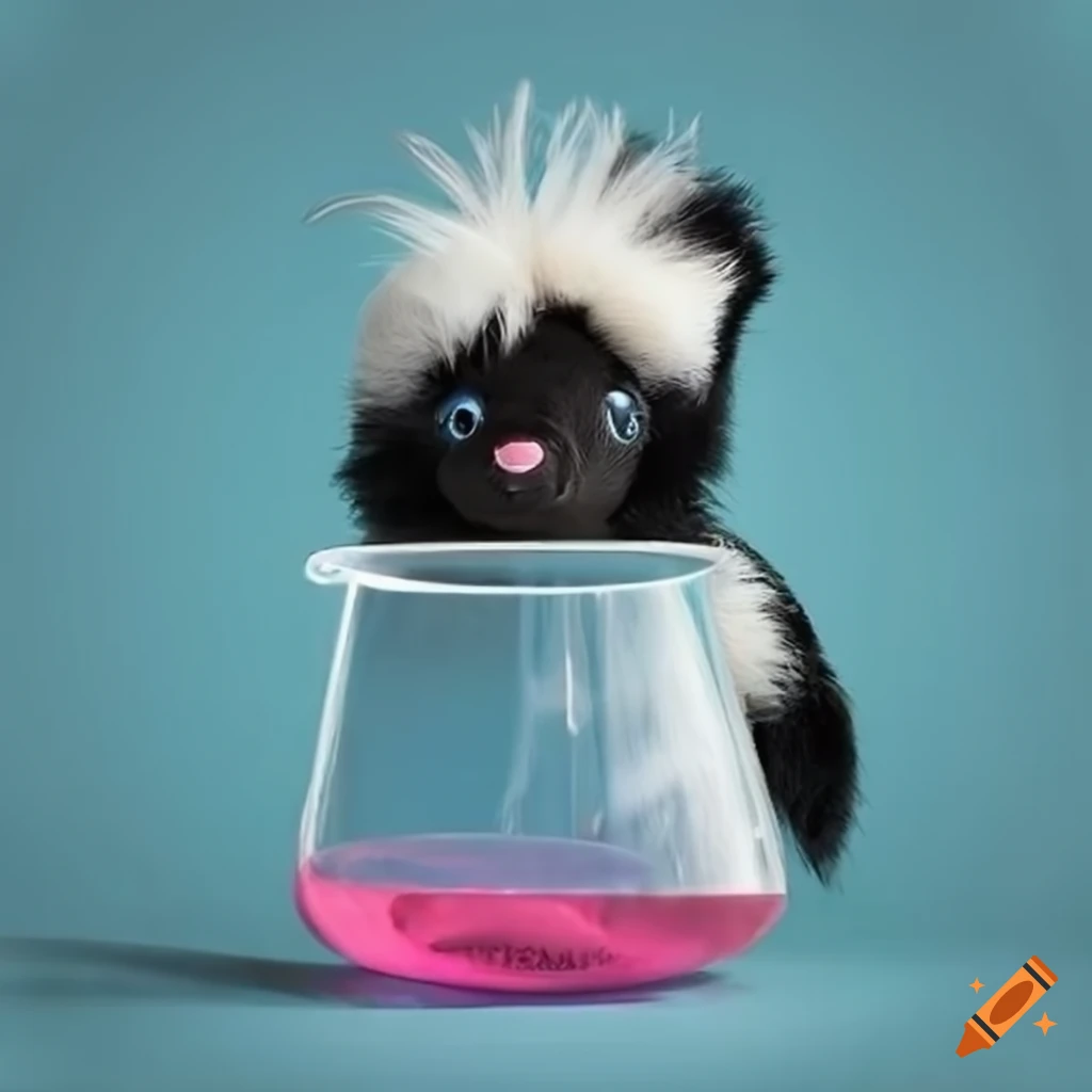 Plush skunk wearing a lab coat with a beaker on Craiyon
