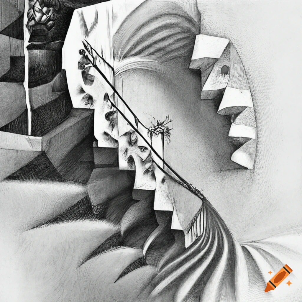 Escher's caesar penrose stairs in black and white with intricate ...