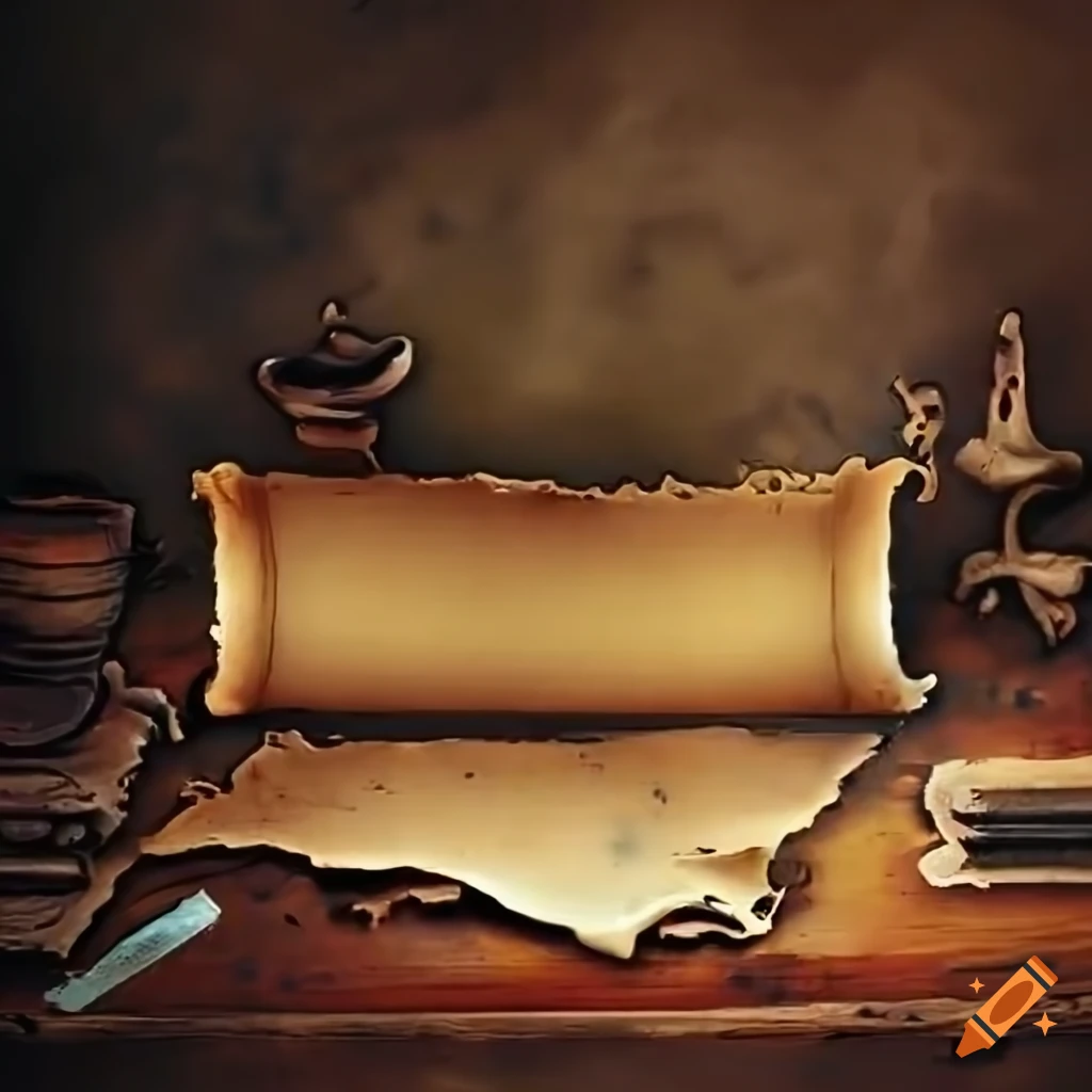 Old tattered scroll on a messy ancient desk on Craiyon