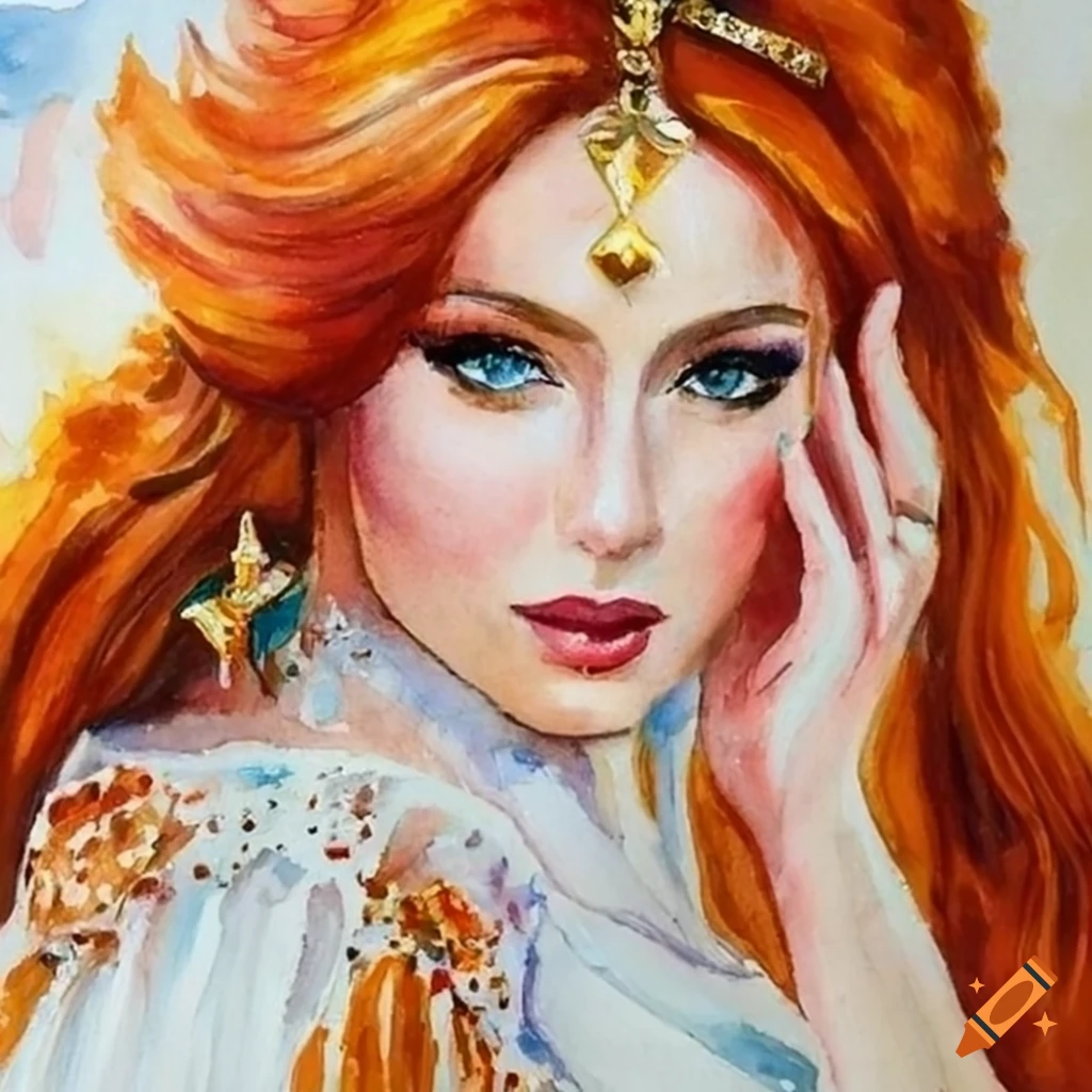 Close-up of a beautiful queen with long orange hair in a white dress on ...