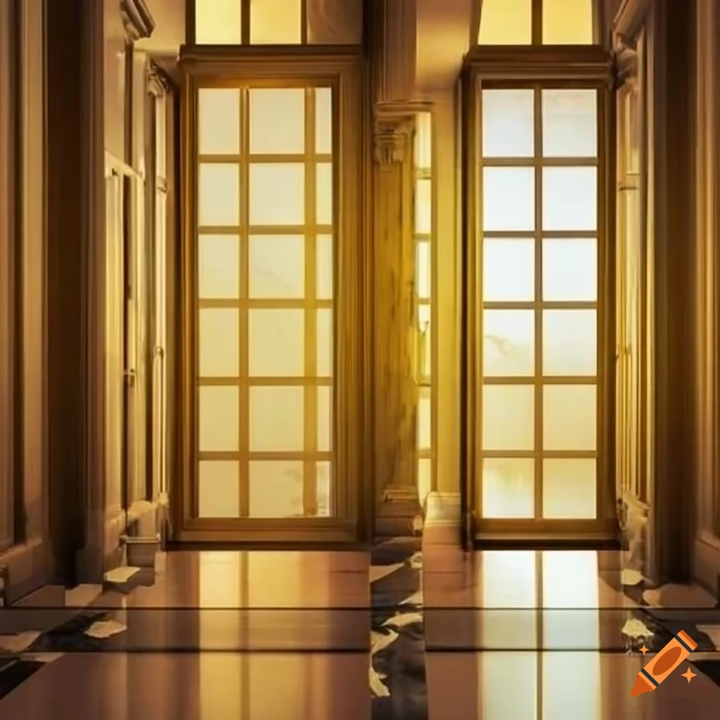 Gorgeous hallway with golden windows and sunrays on Craiyon