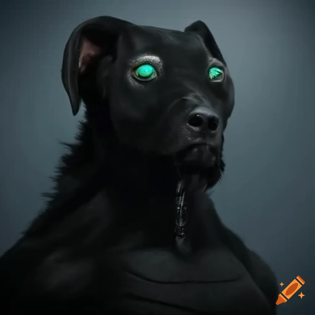 Muscular furry alien humanoid dog with green eyes and black fur on Craiyon