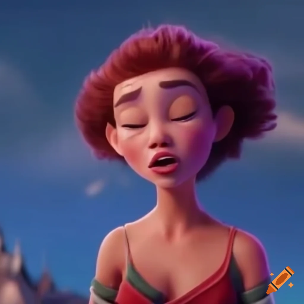 Woman fighter with a dizzy expression in a disney scene on Craiyon