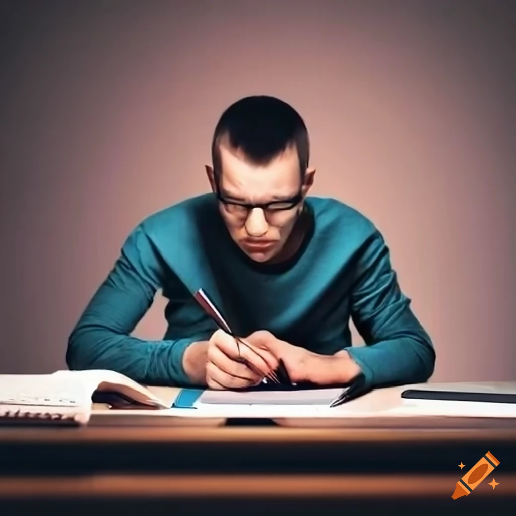 Man writing at a desk from the front view on Craiyon