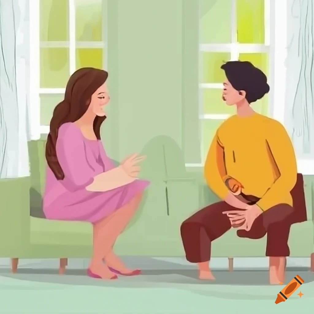 Therapist and client chatting in a sunny room on Craiyon