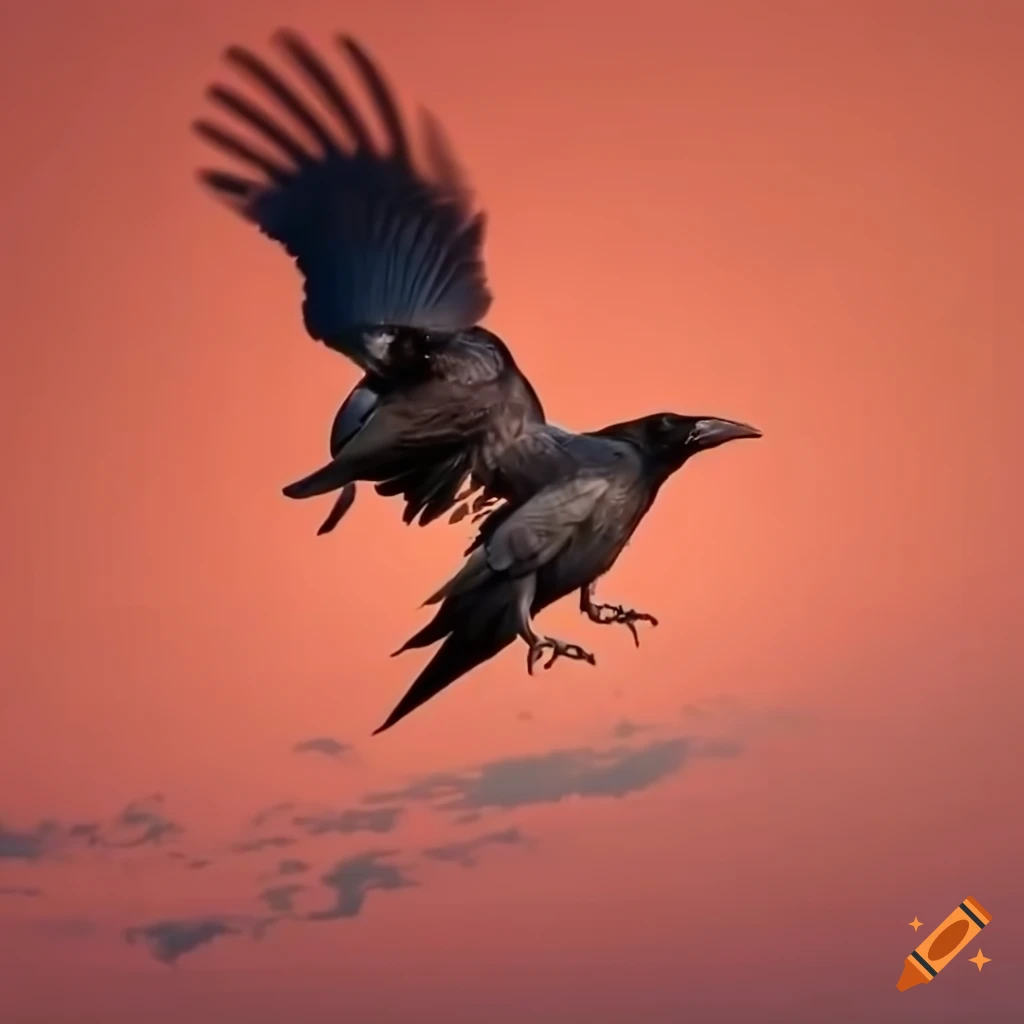 Two crows fighting in orange and pink skies on Craiyon