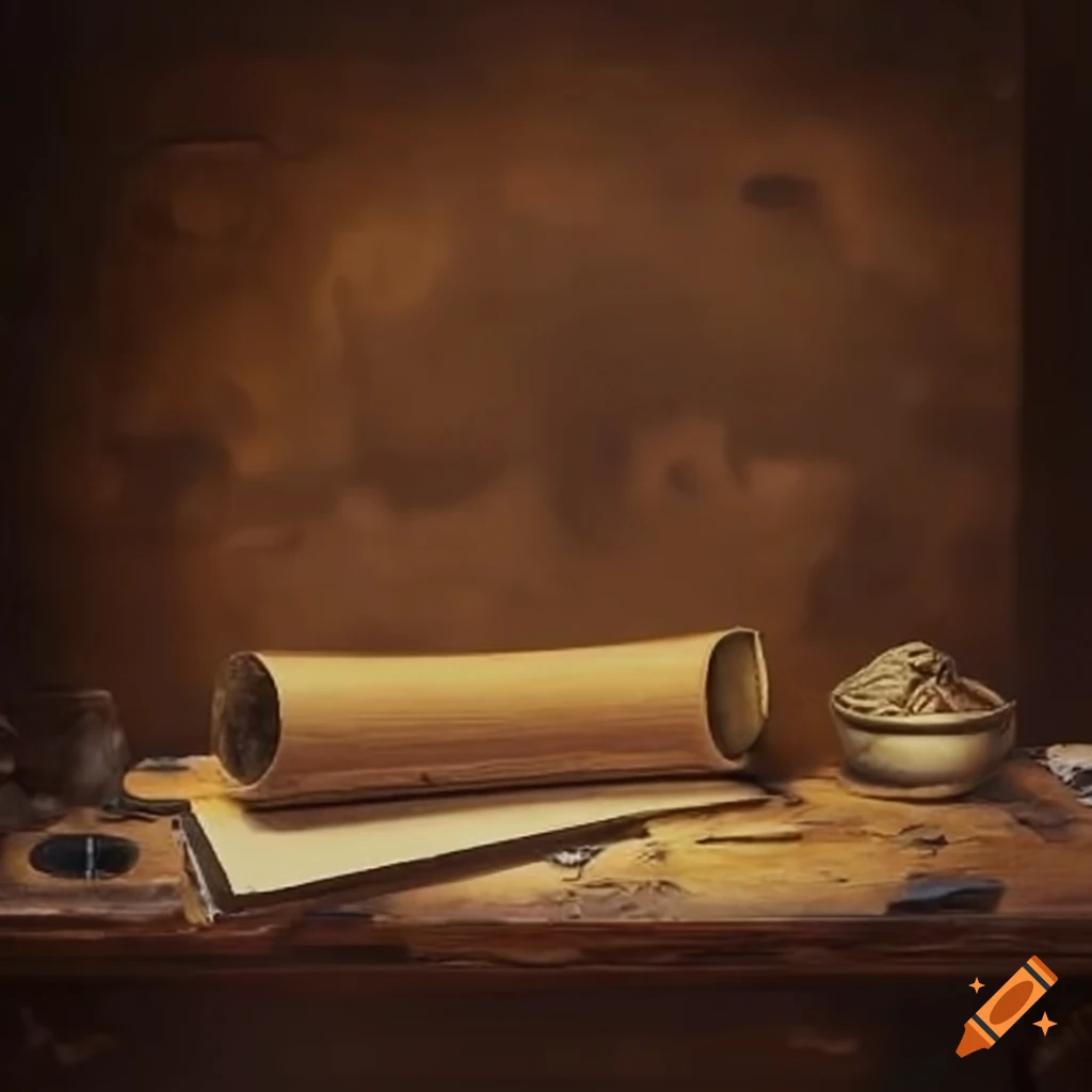 Old tattered scroll on a cluttered ancient desk on Craiyon