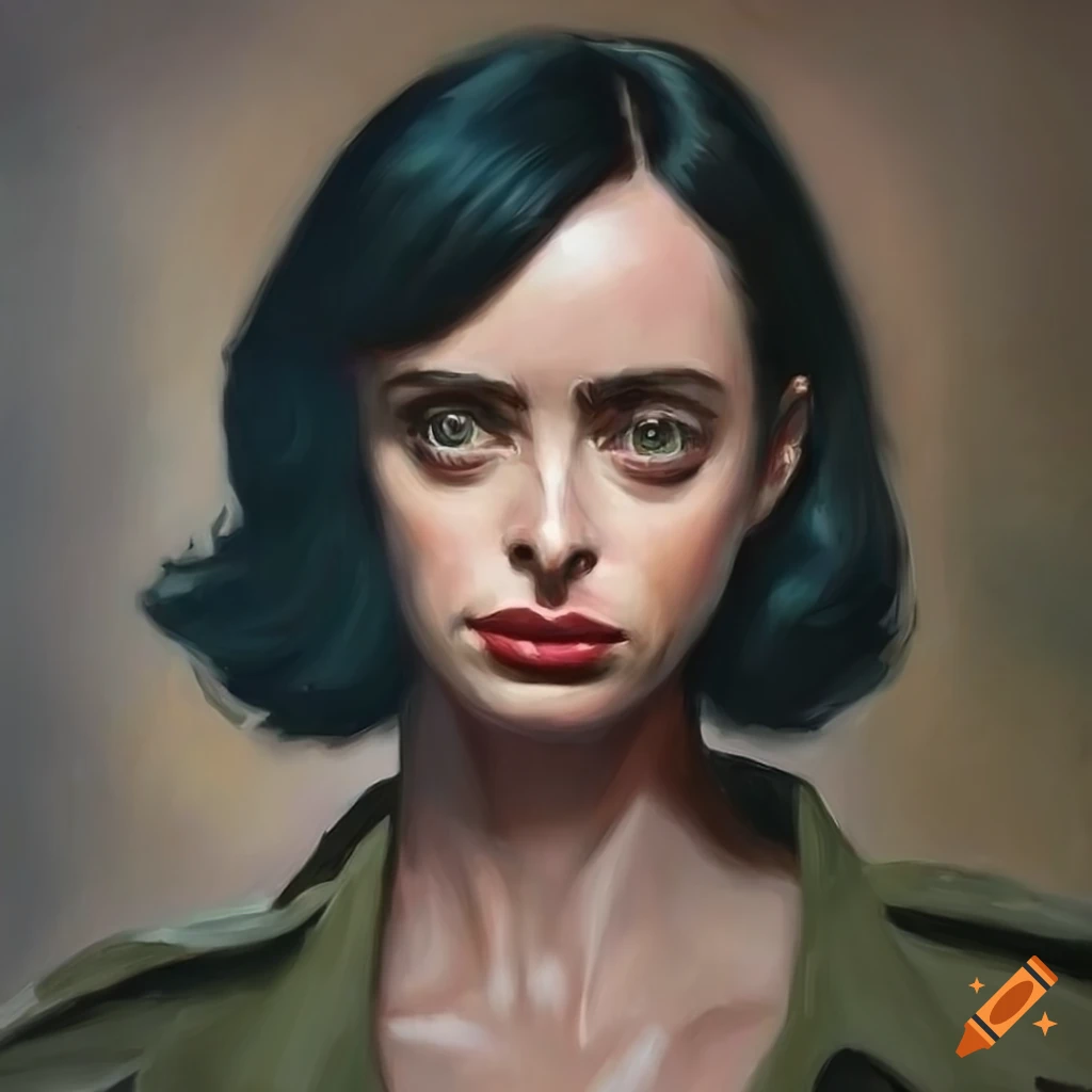Krysten Ritter in military jumpsuit in a hyperrealistic vintage style ...