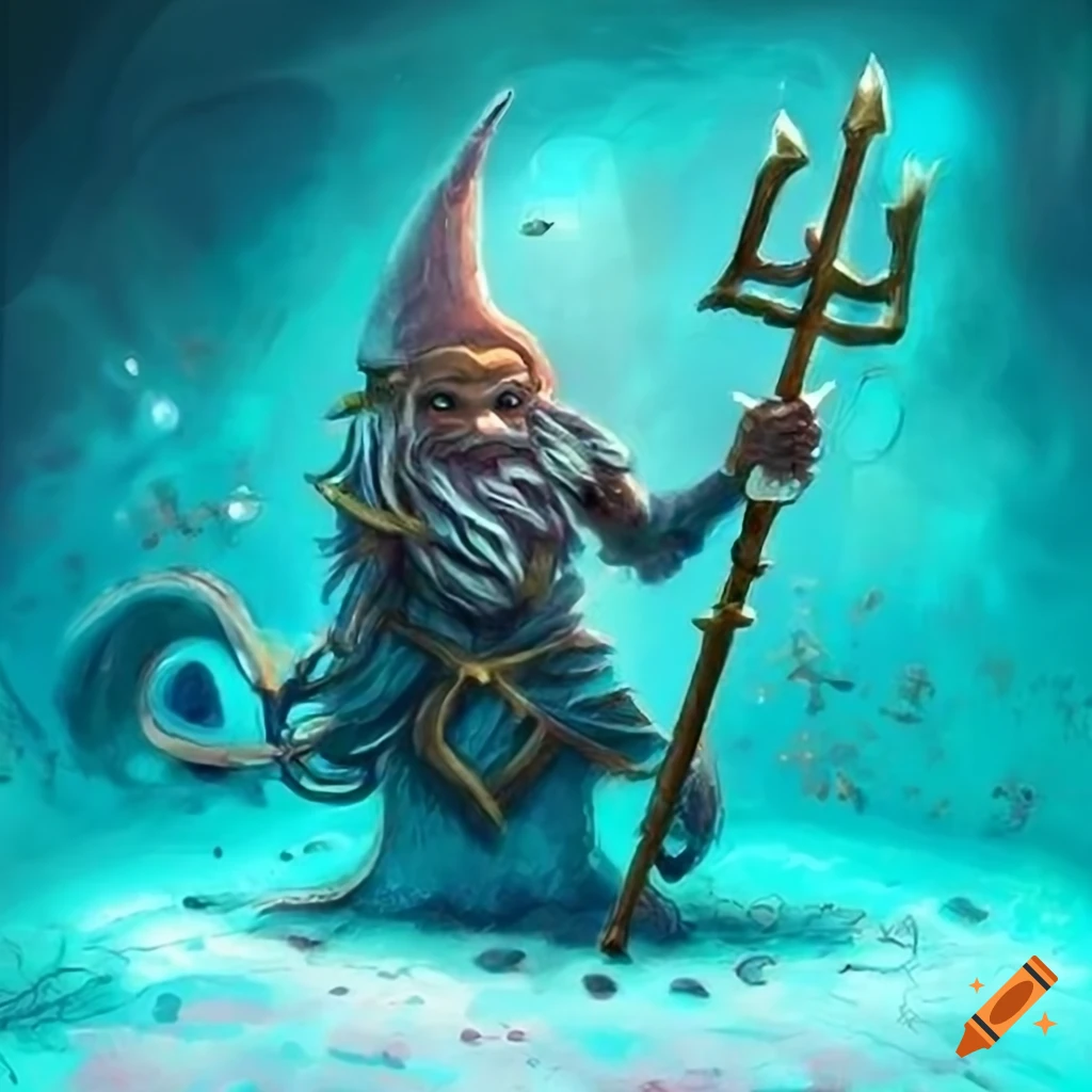 Sea gnome with trident, net, and hat on Craiyon