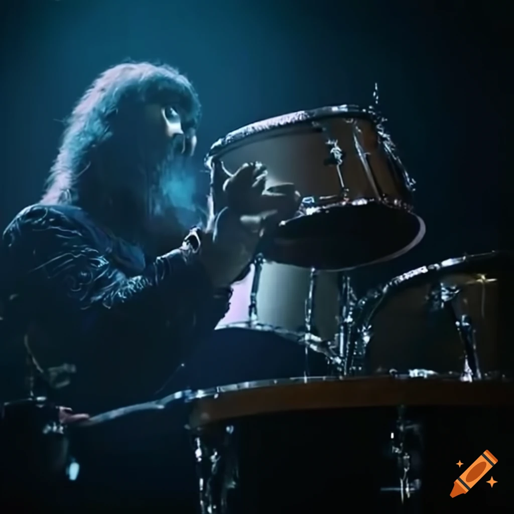 1970s drummer performing on stage in a concert arena on Craiyon