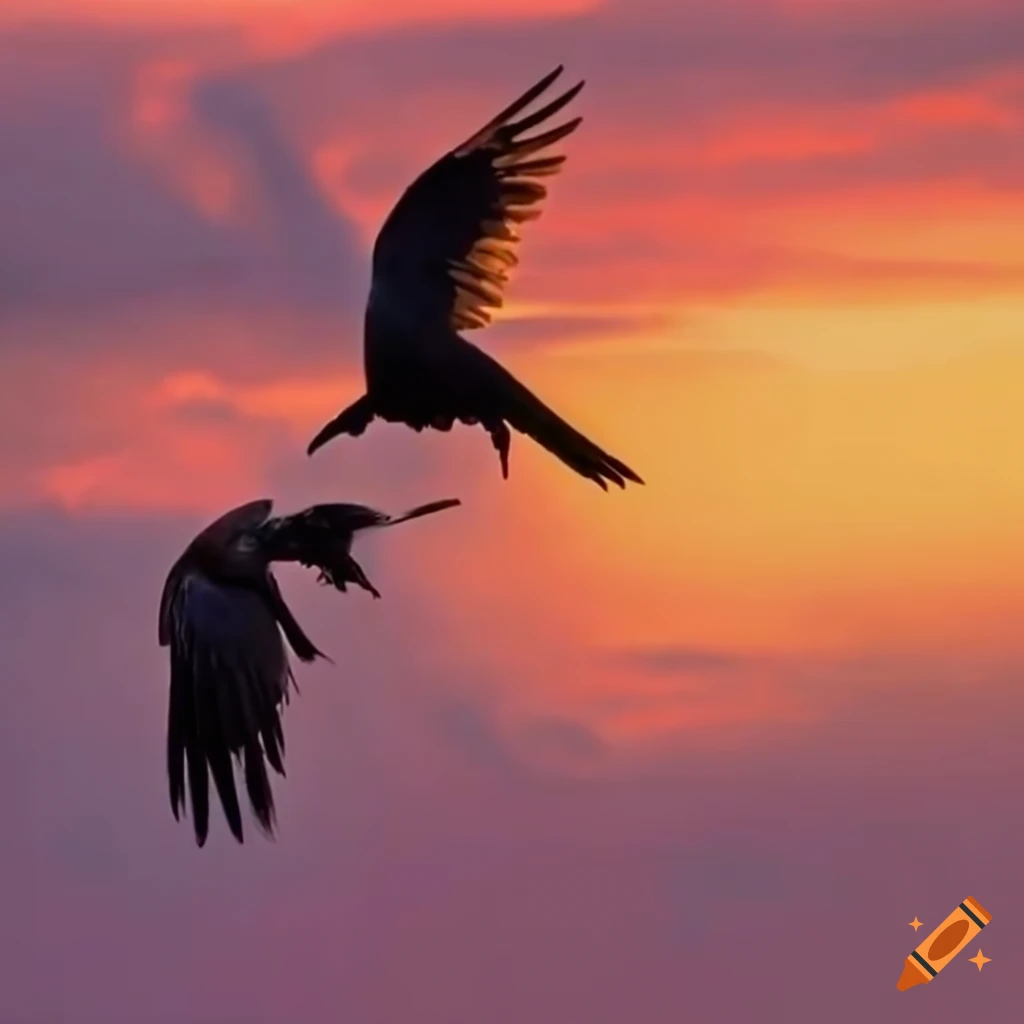 Majestic crows engaged in a fierce battle under an orange and pink sky ...