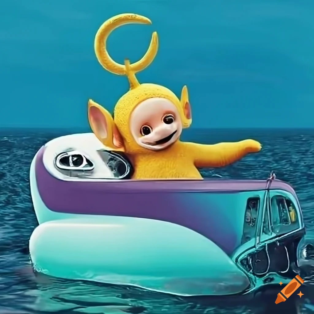 Teletubbie joyriding in a fancy car on the sea on Craiyon