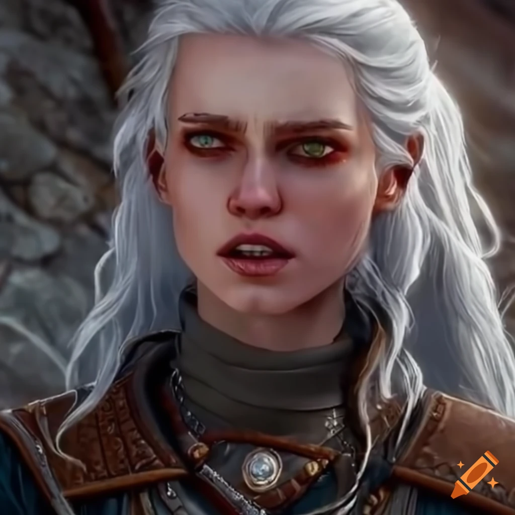 Characters from the witcher 3 with white hair, beautiful girl, and aggressive on Craiyon