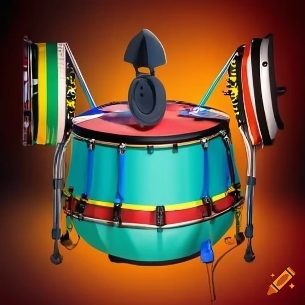 Colorful Caribbean musical instruments and flags with HIFI sound system ...