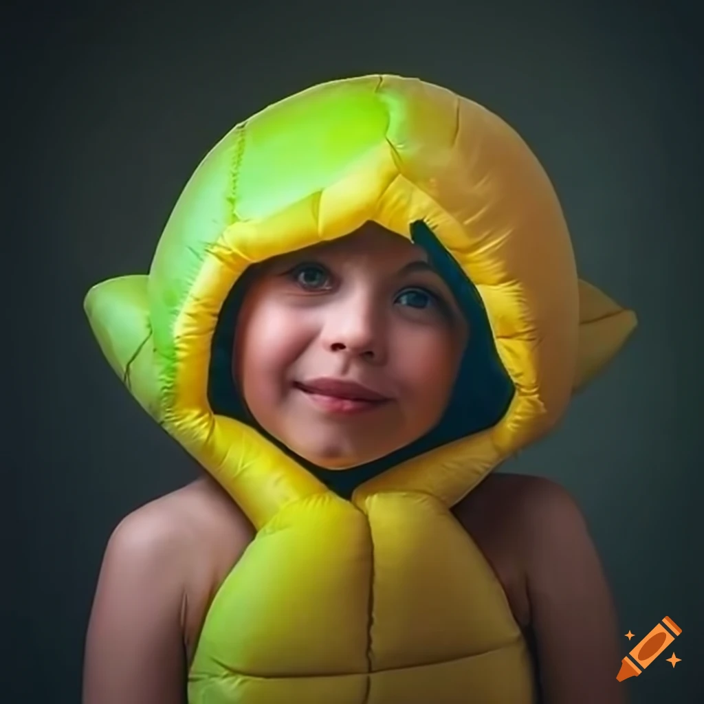 Girl in a green and yellow turtle plush fabric costume with inflatable ...