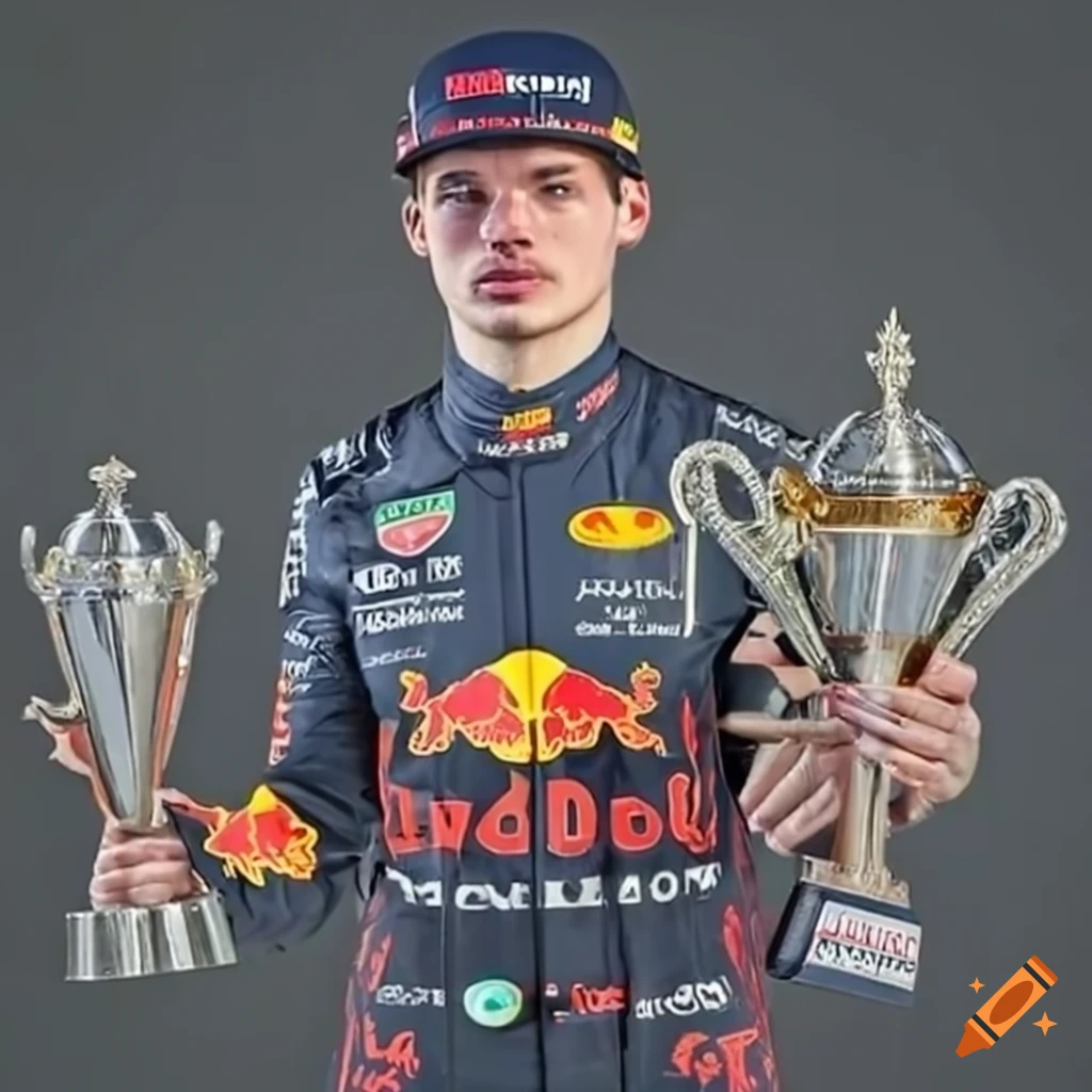 Max verstappen with an armful of trophies on Craiyon