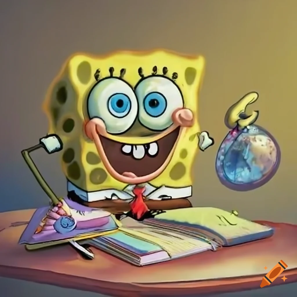 Spongebob squarepants doing english homework on Craiyon