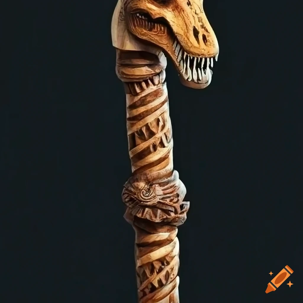 Ancient wooden staff with dinosaur ornaments on Craiyon
