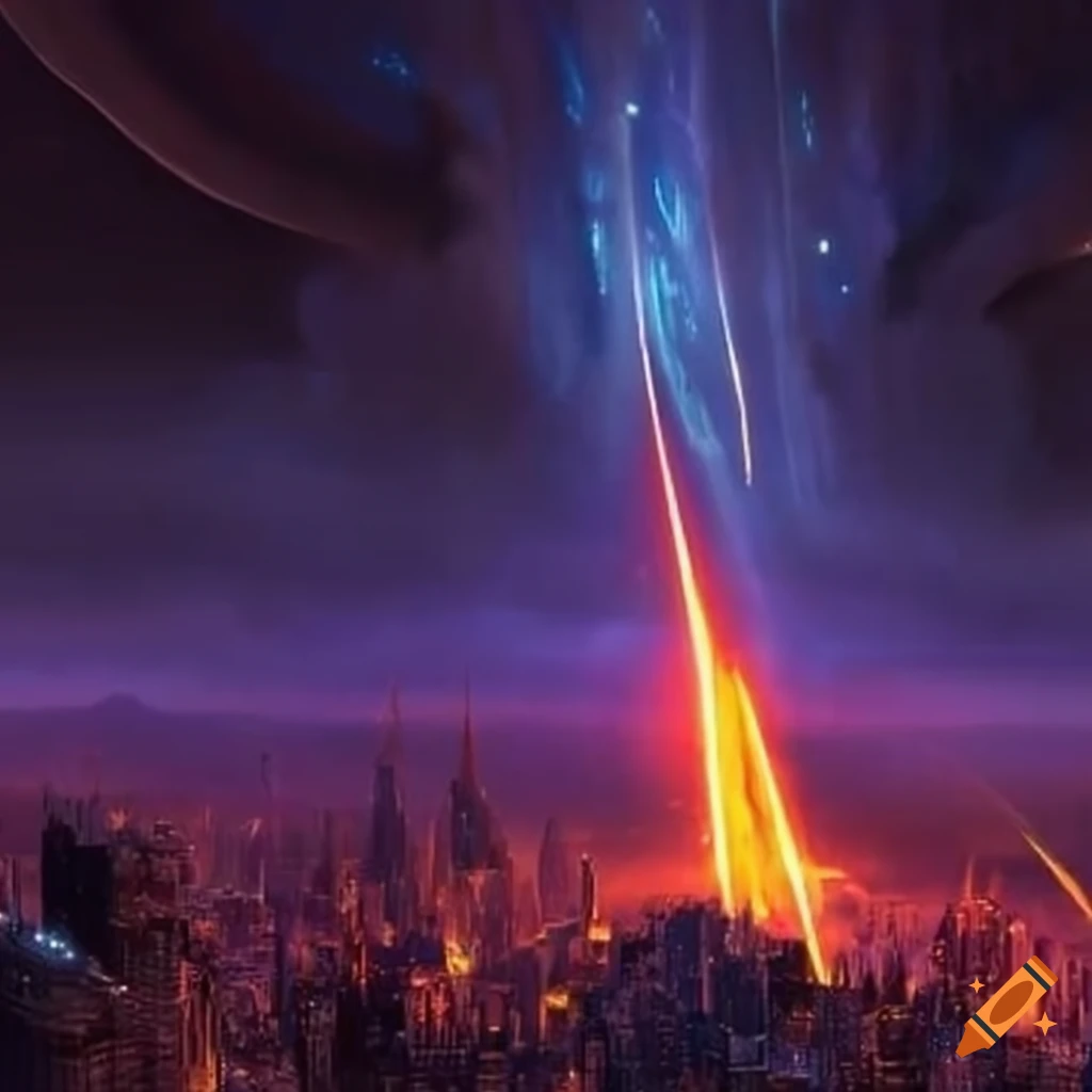 Fiery meteor descending towards an opulent fantasy city on Craiyon