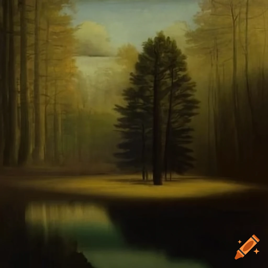 Rene magritte painting of a mystical chase scene in a forest on Craiyon