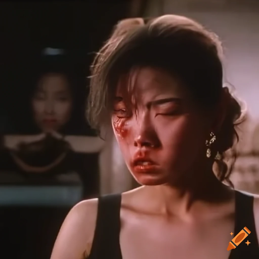 Asian woman fighter with a dizzy expression in an 80s movie scene on Craiyon