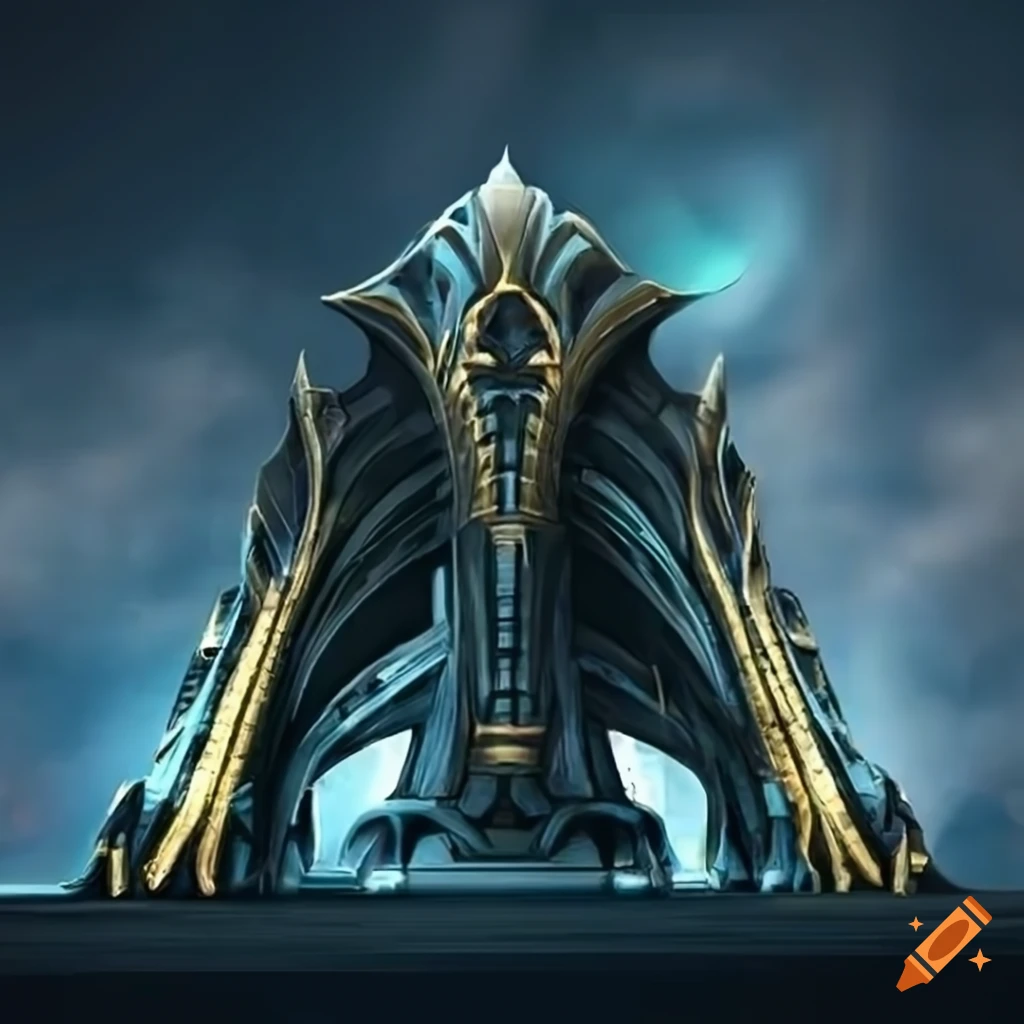 Protoss golden and black biomechanical architecture in a modern lunar ...