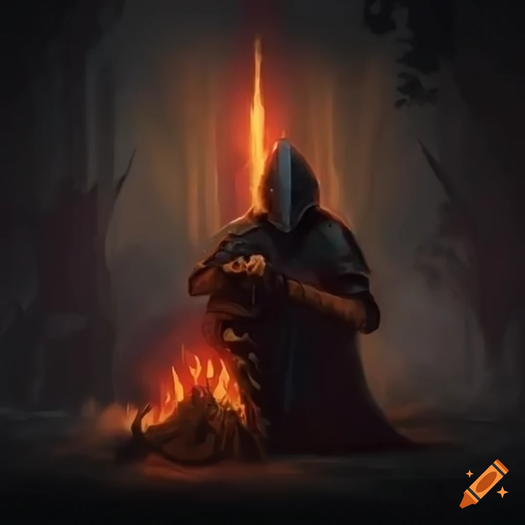 Lonely knight sitting by a fire with ghostly comrades in the darkness ...