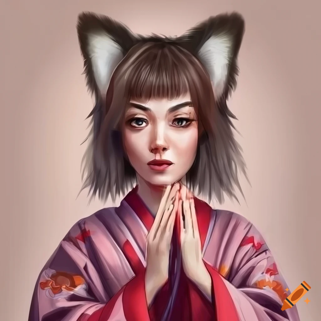 Illustration Of A Woman In Kimono With Fox Ears And Tails In Dandd Style