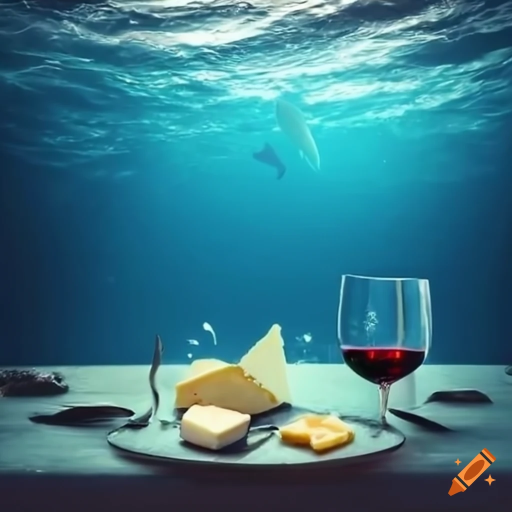 Underwater restaurant with cheese and wine on the table and a dolphin ...