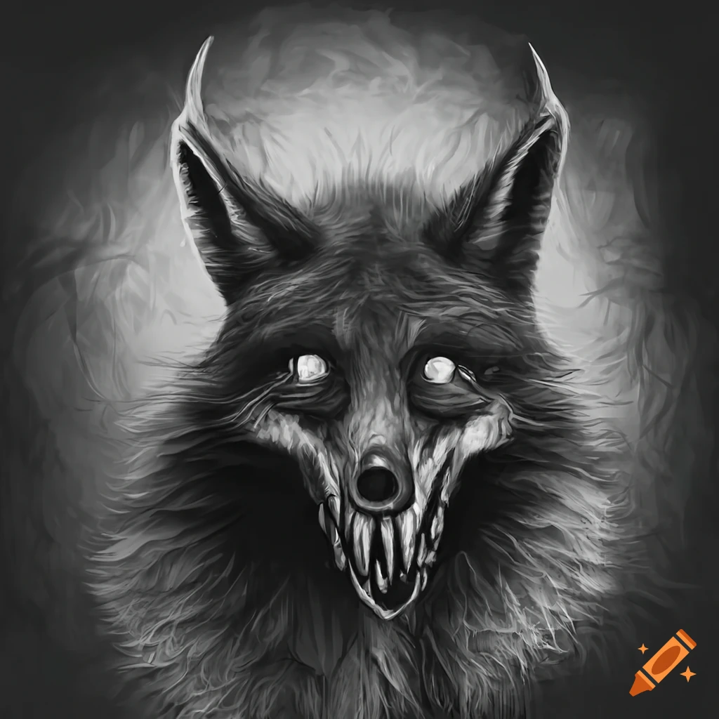 Monstrous fox artwork in black and white on Craiyon